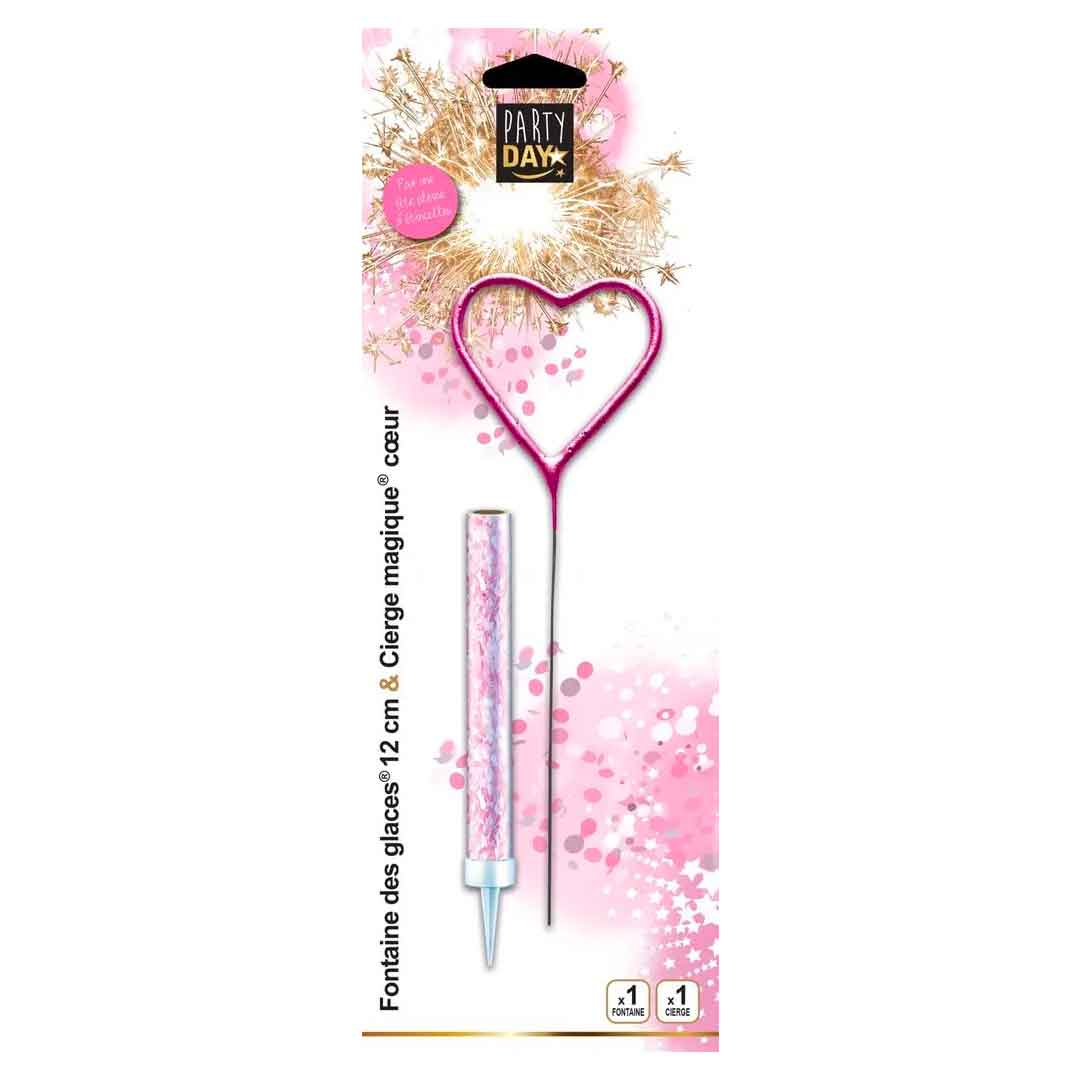 DUO CIERGE MAGIQUE COEUR & FONTAINE SCINTILLANTE – ROSE – Sparklers Club